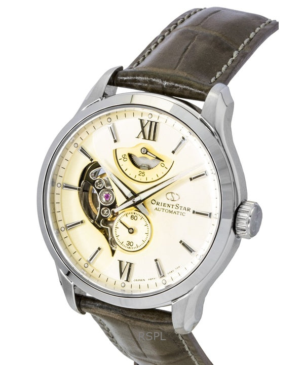 Orient Star Contemporary Leather Strap Open Heart Champagne Dial Autom
