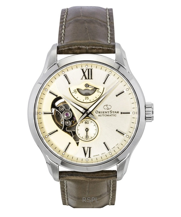 Orient Star Contemporary Leather Strap Open Heart Champagne Dial Autom